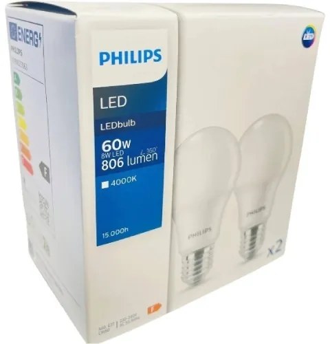 LED žárovky E27 Philips A60 8W (60W) neutrální bílá (4000K) 2ks