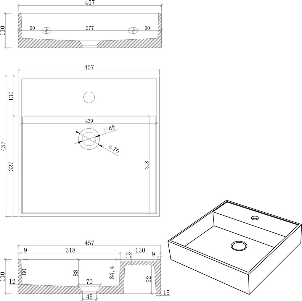 Sapho Sapho, QUADRADO betonové umyvadlo včetně výpusti, 46x46 cm, bílý pískovec, AR469
