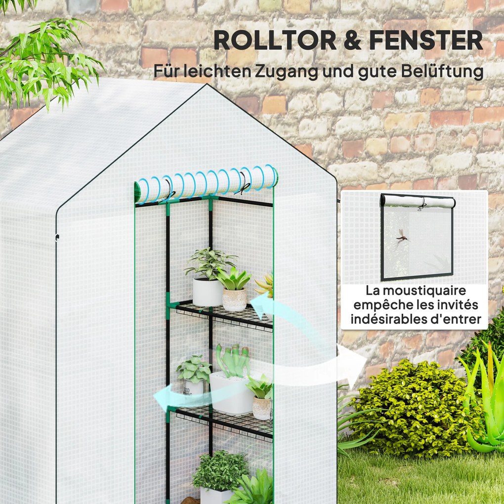 Outsunny Skleník s policemi, miniskleník, odolný proti UV záření, síťované okno, dveře na zip, 143L x 74W x 190H cm, bílý