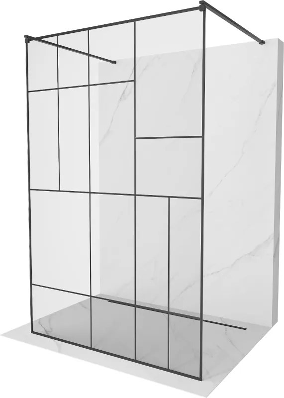 Mexen Kioto, průchozí sprchová zástěna 100 x 200 cm, 8mm sklo čiré/černý vzor, 2x černá stabilizační rozpěra, 800-100-002-70-78