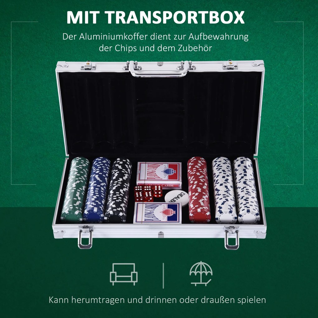 Sada pokerových kufříků HOMCOM s 300 žetony, 2 balíčky karet a 5 kostkami v hliníkovém kufříku, ideální pro kasinové večery, 38x20,5x6,5cm