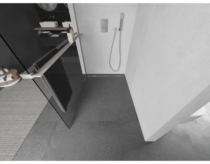 Mexen Kioto+ L, sprchová zástěna Walk-In s poličkou a věšákem 50 x 200 cm, 8mm čiré sklo, broušená ocel profil, 800-050-123-97-00