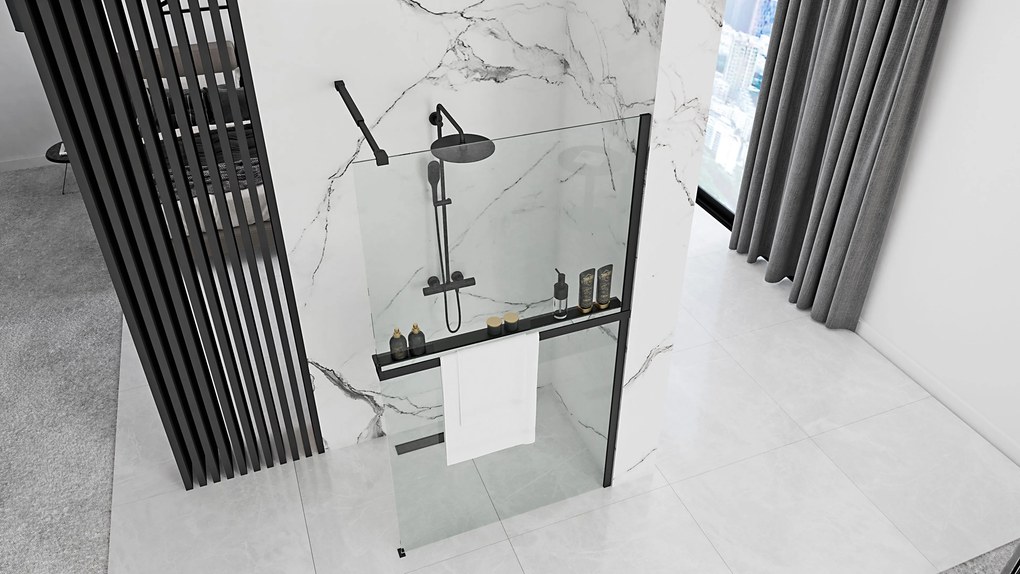 Rea Aero, sprchová zástěna typu Walk-In 90 cm + polička a věšák EVO, 8mm čiré sklo, černý profil, KPL-K7581