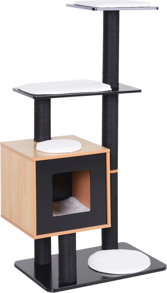 Kočičí strom PawHut s moderním designem, přírodní sisalové škrabací sloupy, aktivitový střed s úkrytem, platformy a závěsné míčky 71,5L x 49,5W x 120H