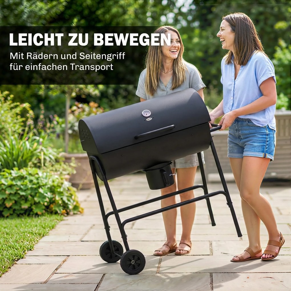 Outsunny Kovový gril na dřevěné uhlí BBQ udírna s víkem Teploměr Kolečka Grilovací vozík 95x71,5x102 cm Černá barva
