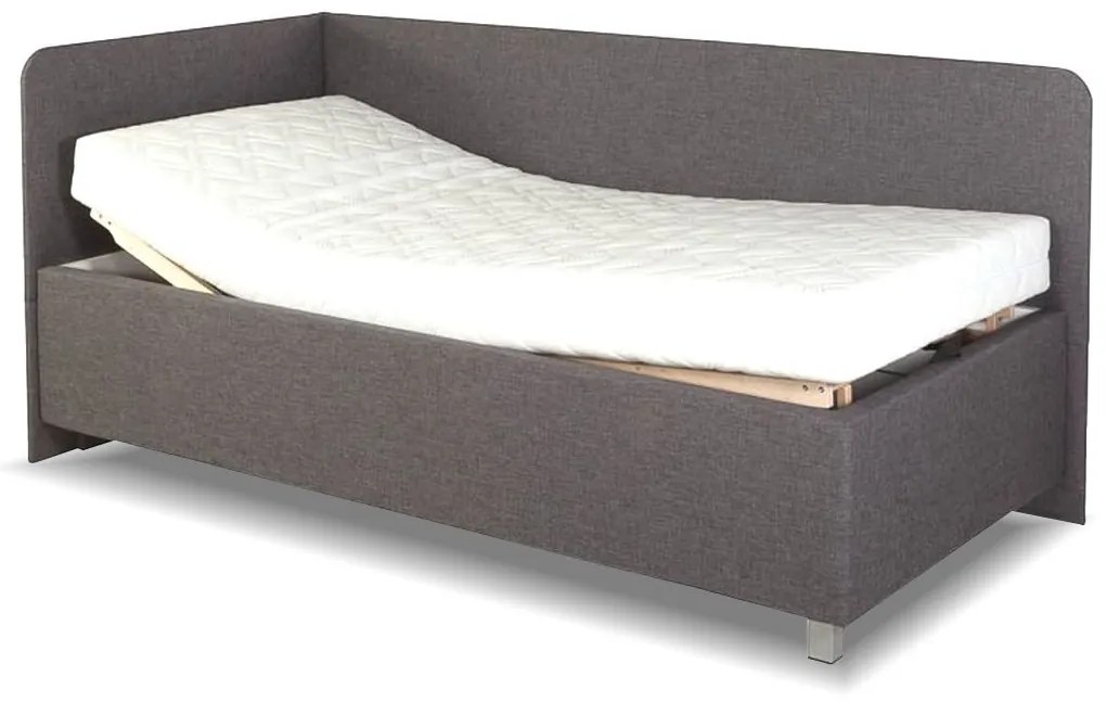 Rohová zvýšená čalouněná postel Aleš, s úložným prostorem