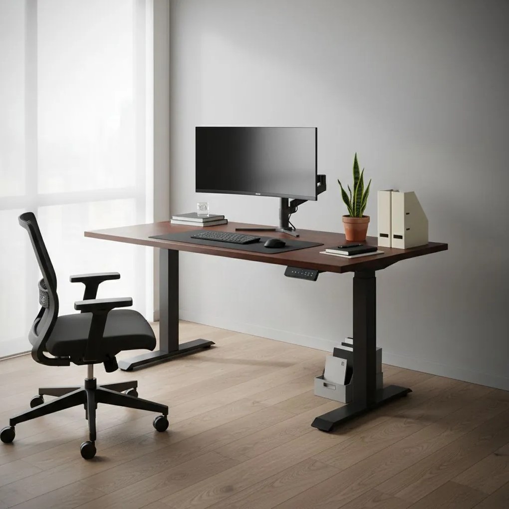 Výškově nastavitelný stůl OfficeTech D, 140 x 80 cm, černá podnož, wenge