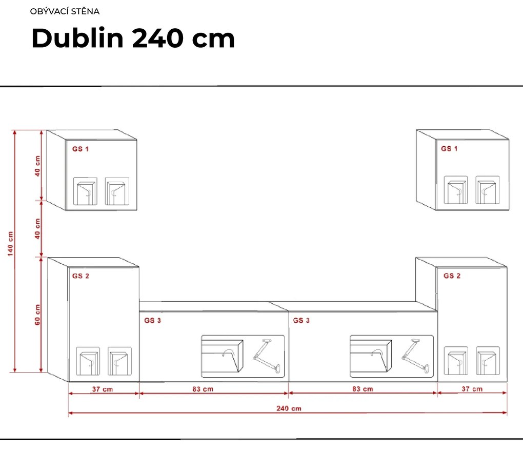 Ral Obývací stěna DUBLIN, 240 cm - Černý lesk