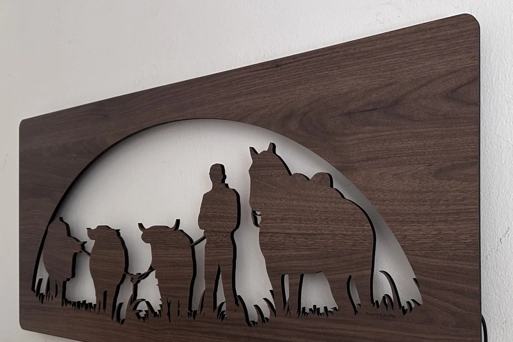 Li-Go "Člověk, kůň a býk" světelný obraz s baterií RGBW 100x45 cm varianta: ovládání na obraze včetně dálkového ovladače, provedení: dub světlý