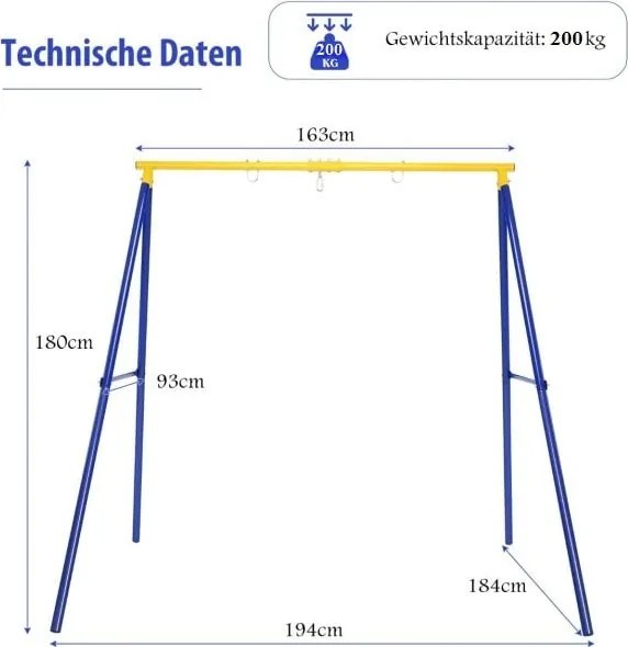 Costway Robustní kovová houpačka Rám zahradní houpačka A-frame modrá +
