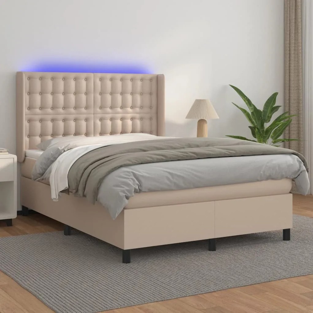 Box spring postel matrace a LED cappuccino 140x190cm umělá kůže