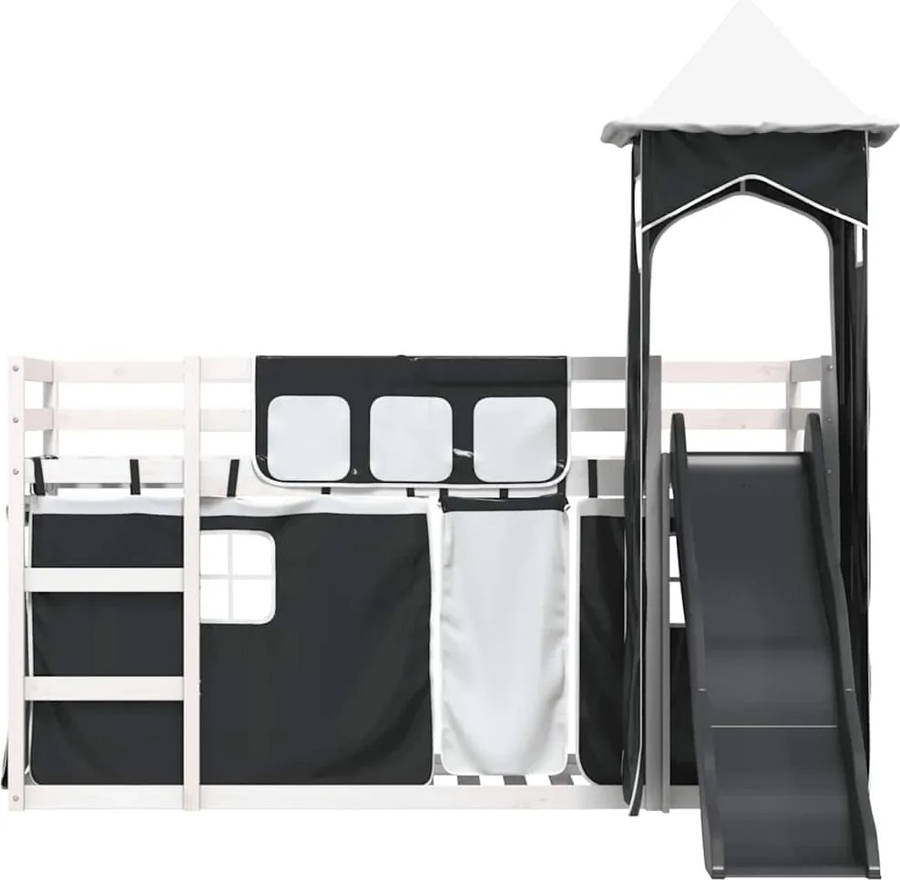 Patrová postel se skluzavkou a závěsy bílá a černá 90 x 200 cm 3284191