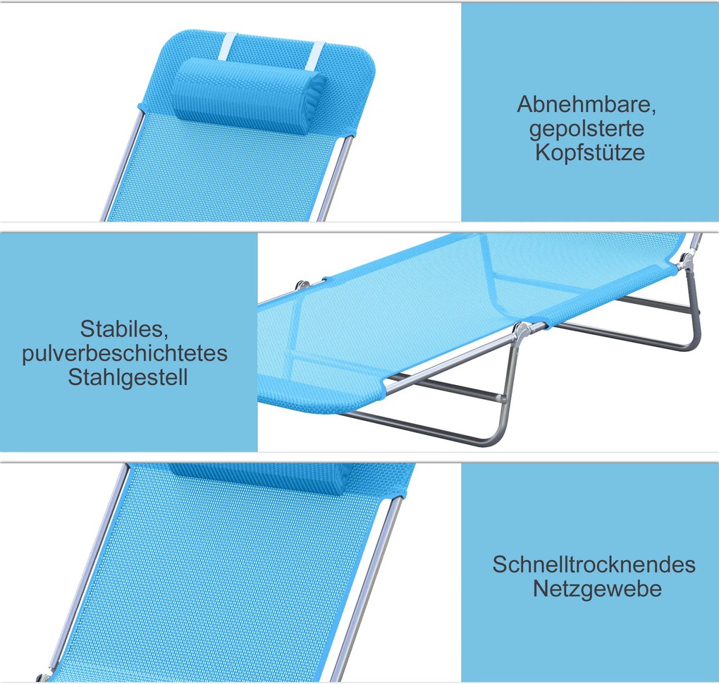 Skládací zahradní lehátko s polštářem pod hlavu, 5polohové nastavitelné opěradlo do 120 kg Modrá barva