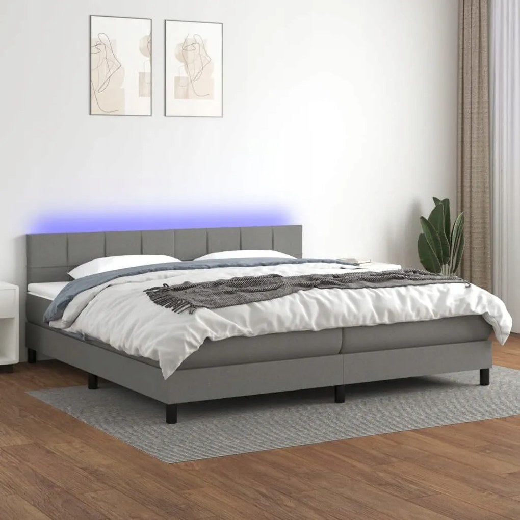 Box Spring Postel S Matrací A Led Textil Tmavě Šedá Blok se čtverci 200 x