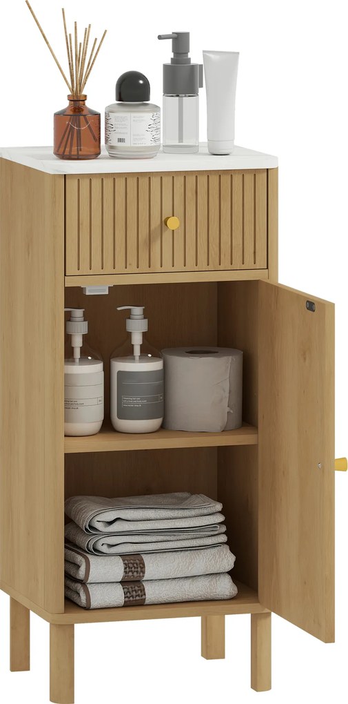 HOMCOM koupelnová skříňka, úložná skříňka s mramorovou efektní deskou a drážkovanými dveřmi, zásuvka 36 Š x 30 H x 80 V cm, dub