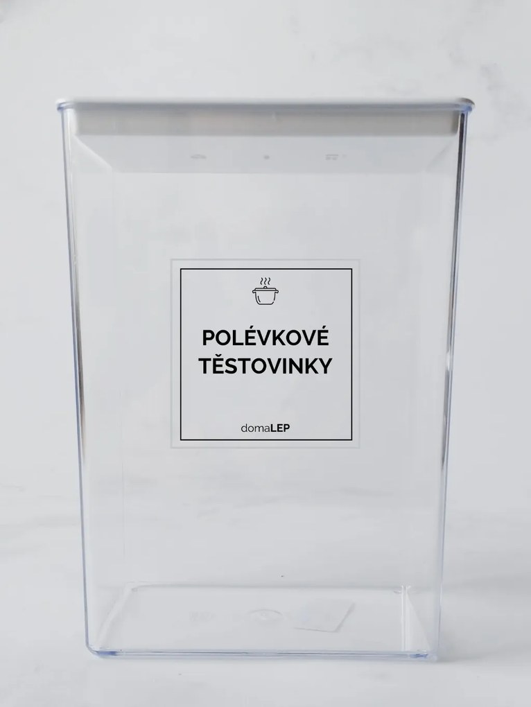 POLÉVKOVÉ TĚSTOVINKY  – průhledná samolepka na dózu, tučné písmo, 5 x 5 cm | DomaLEP