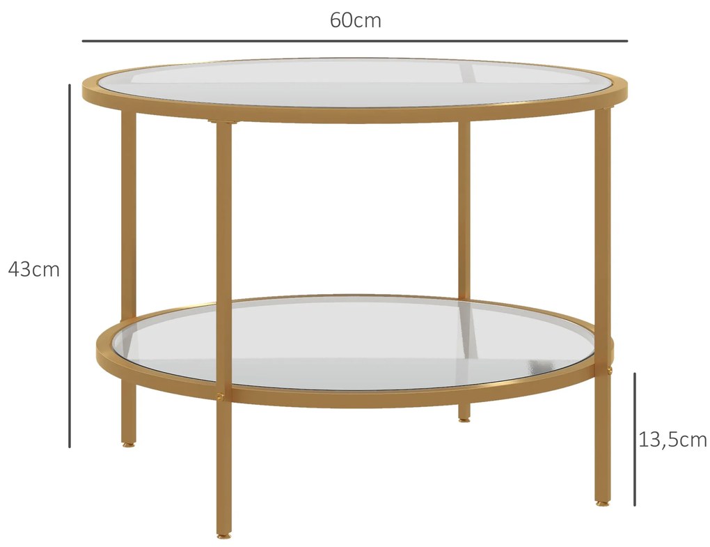 Kulatý konferenční stolek HOMCOM s policí Ø60 x 43 cm, ocelový rám, elegantní konferenční stolek do obývacího pokoje a ložnice ve zlaté barvě