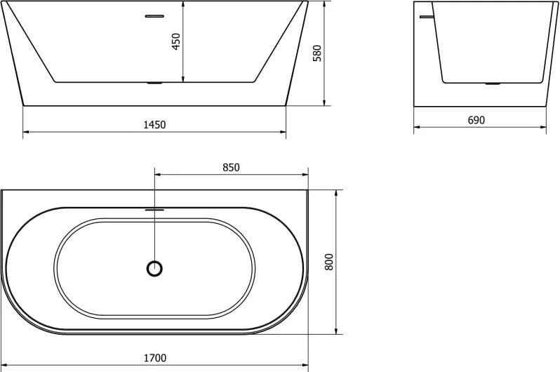 Mexen Oval+ volně stojící vana ke zdi 170 x 80 cm, bílá, bílý přepad - 52681708000-20