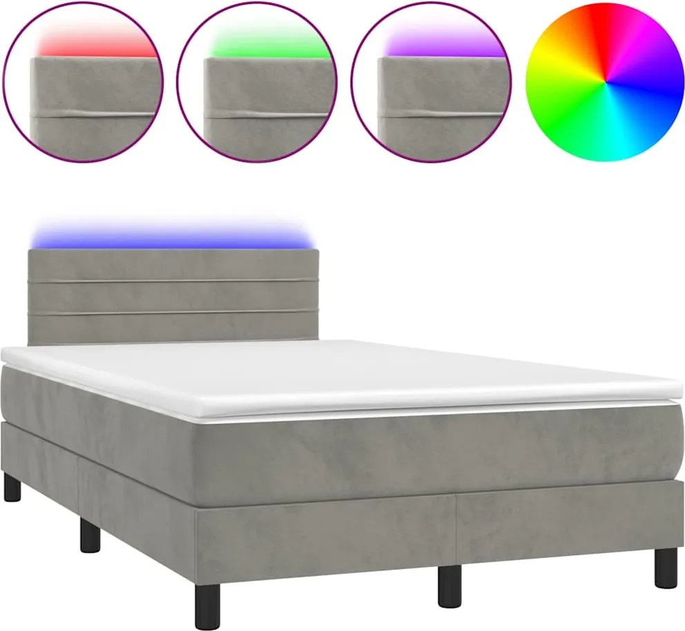 Box spring postel s matrací a LED světle šedá 120x200 cm samet 3134453