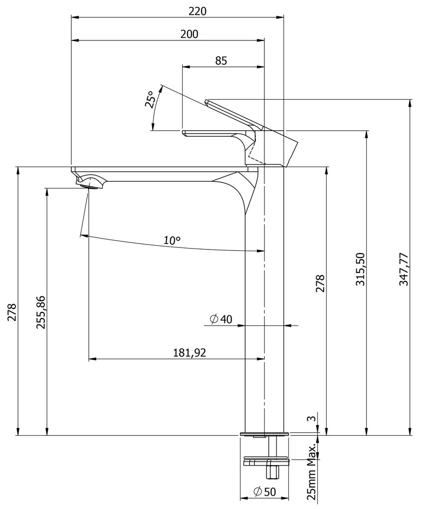 Sapho PAX XA07 umyvadlová baterie vysoká bez výpusti prodloužená hubice chrom