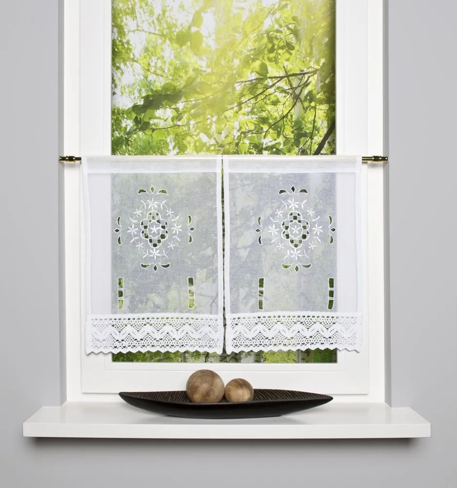 Home Wohnideen Záclona vitrážová duo, vyšívaná s krajkou, lněná struktura, Rokaj, Bílá