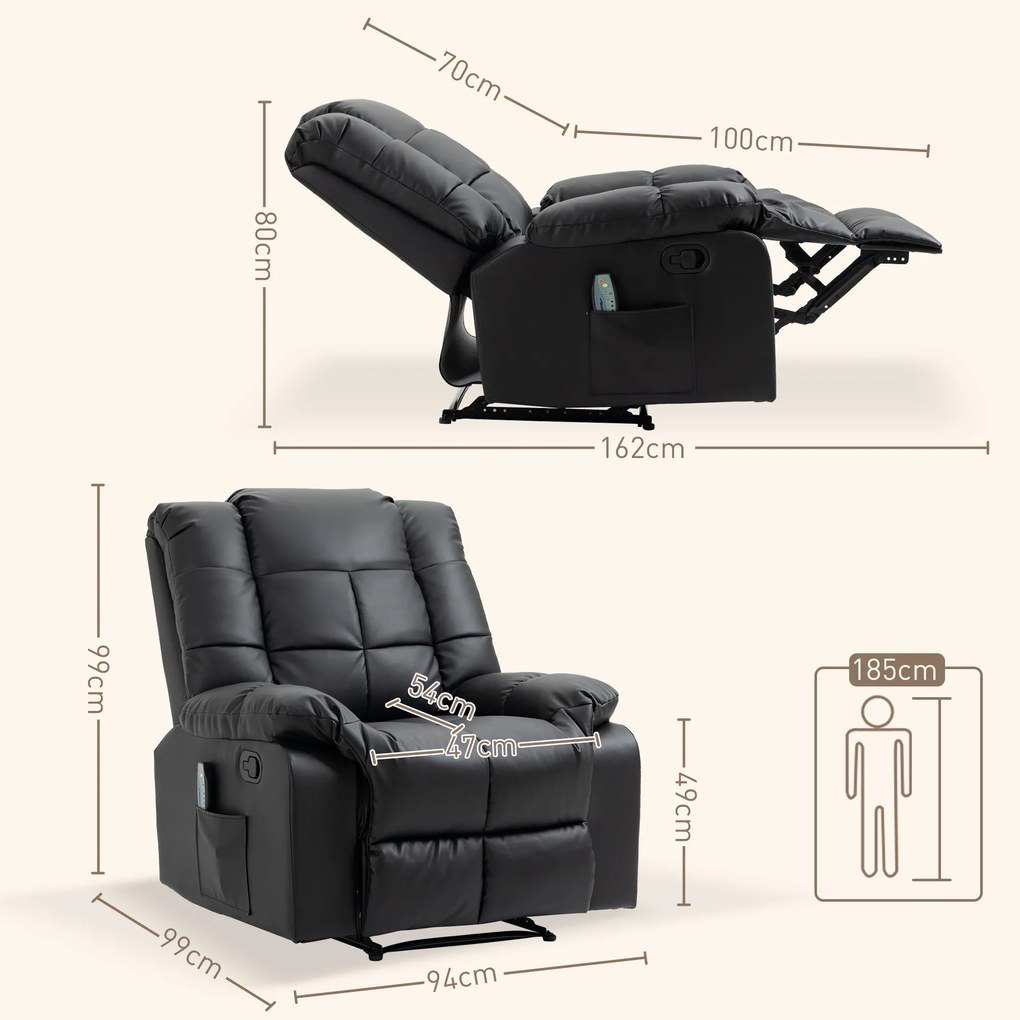Elektrické polohovací křeslo HOMCOM s masážní funkcí z imitace kůže, dřeva a oceli, černé 94x99x99 cm pro maximální pohodlí | Aosom.de