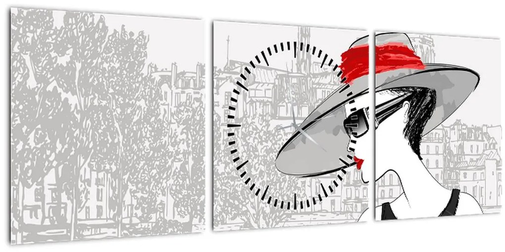 Obraz - Dáma ve městě (s hodinami) (90x30 cm)