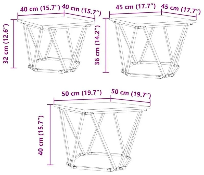 Konferenční stolek, sada 3 ks, kov, dřevo, černá, dub sonoma, NoBi OSLO