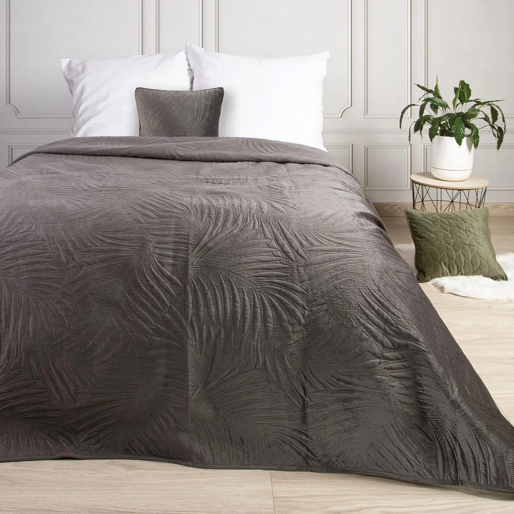 Dekorační přehoz na postel 200x220 Bella graphite velur leaves oboustranný Darymex