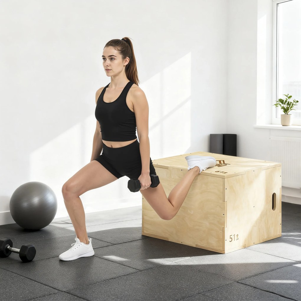 HOMCOM plyo Box 3 v 1 Dřevěný plyometrický box se 3 výškami skoku Rukojeti 61 x 51 x 76 cm Přírodní dřevo