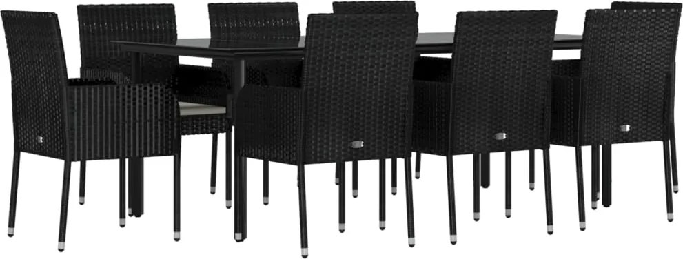 9dílný zahradní jídelní set s poduškami černý polyratan 3185159