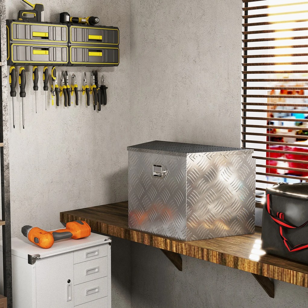 HOMCOM Přívěsná toolbox, Hliníková úložná skříň, Integrovaný zámek s klíči, Trapezoidní tvar, pro dodávky a přívěsy, 73,7 x 41 x 46 cm, Stříbrná