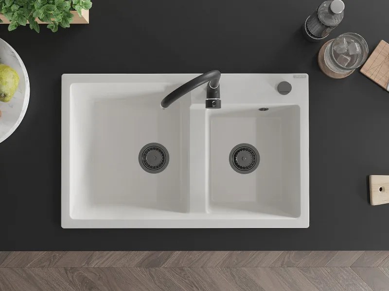 Mexen Tomas, granitový dřez 800x500x190 mm, 2-komorový, bílá s černým sifonem, 6516802000-20-B