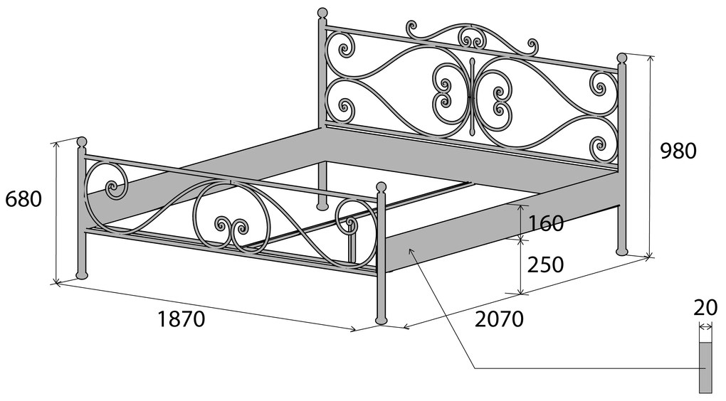 Nábytek ATIKA s.r.o. Kovová postel EMILIE Barevne provedení: stříbrná RAL 9006, Rozměr: 90 x 200 cm