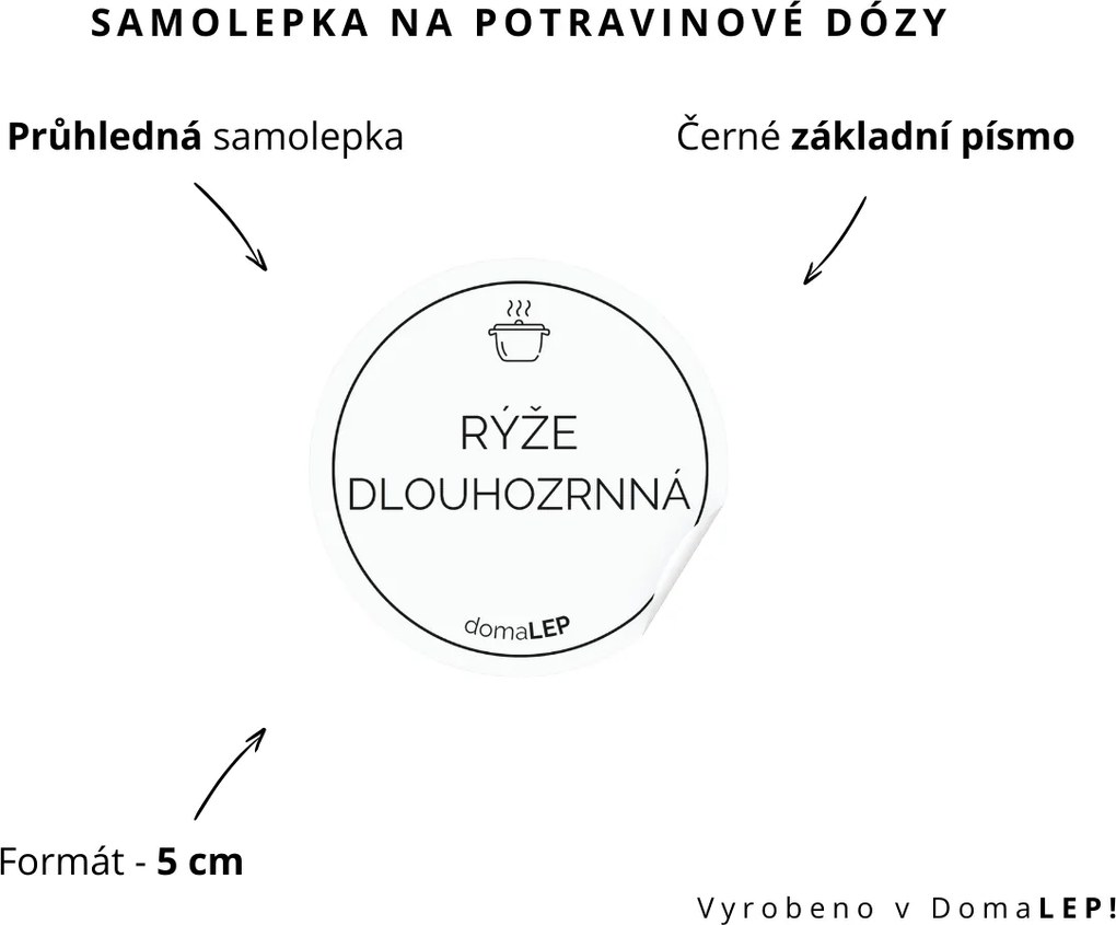 RÝŽE DLOUHOZRNNÁ - omyvatelná samolepka na dózu, výběr rozměrů Ø 5 cm / 5 x 5 cm / 6 x 8 cm | DomaLEP tvar: KOLEČKO, barva: PRŮHLEDNÁ - ČERNÉ písmo, velikost: Ø 5 cm - tučné písmo