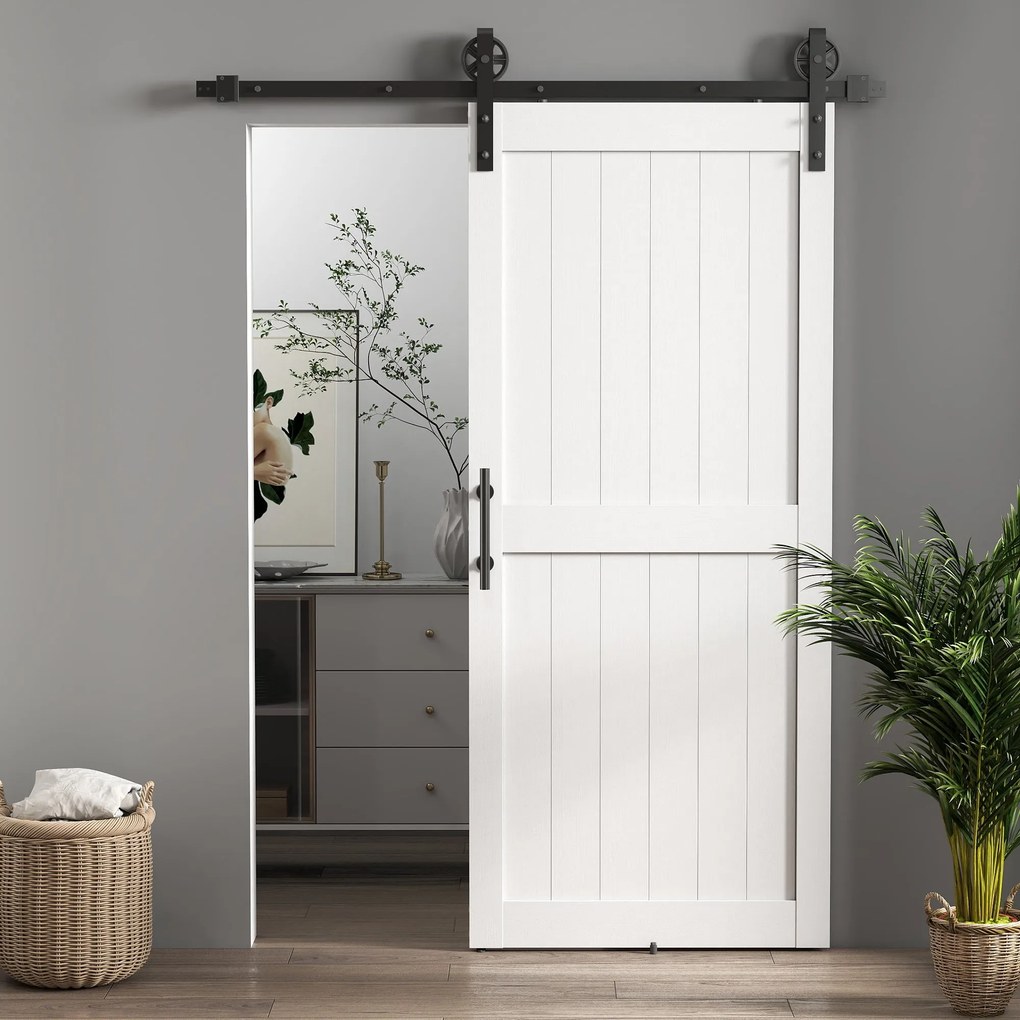 HOMCOM Posuvné Dveře na Farmářský Styl 91,5x213,4 cm - Vylepšené Interiérové Dveře s Úchytem, Kluzákem a Vylepšeným Podlahovým Vodítkem pro Koupelnu a