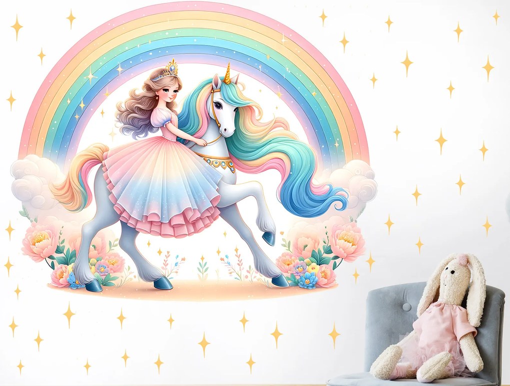 Duhový jednorožec a princezna textilní přelepitelná samolepka na zeď arch 75 x 61 cm