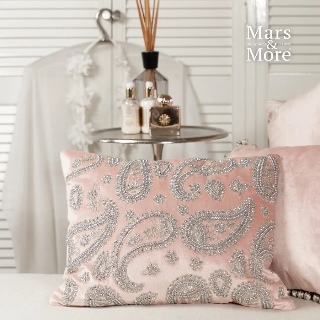 Růžový sametový polštář s ornamenty Paisley blush pink - 45*15*35cm