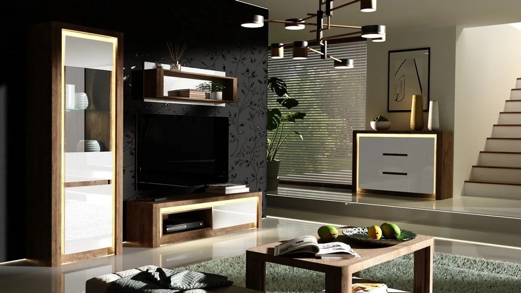 Casarredo - Komfort nábytek Komoda s vitrínou široká LABRO s LED osvětlením, dub ribbeck/bílá lesk