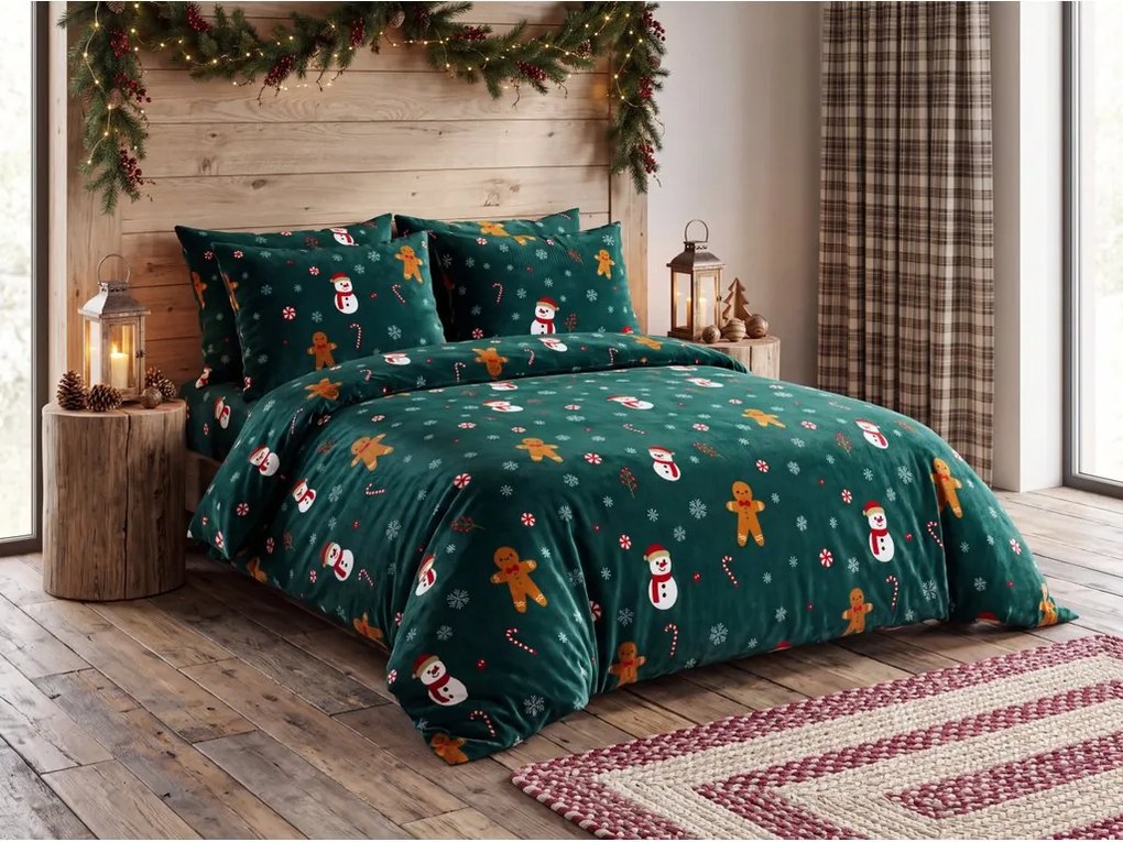 Mikroplyšové povlečení SNĚHULÁK A PERNÍČEK zelené Rozměr povlečení: 2 ks 70 x 90 cm | 200 x 220 cm