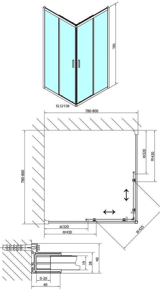 Polysan Polysan, EASY BLACK čtvercová sprchová zástěna 800x800mm, čiré sklo, EL5215B