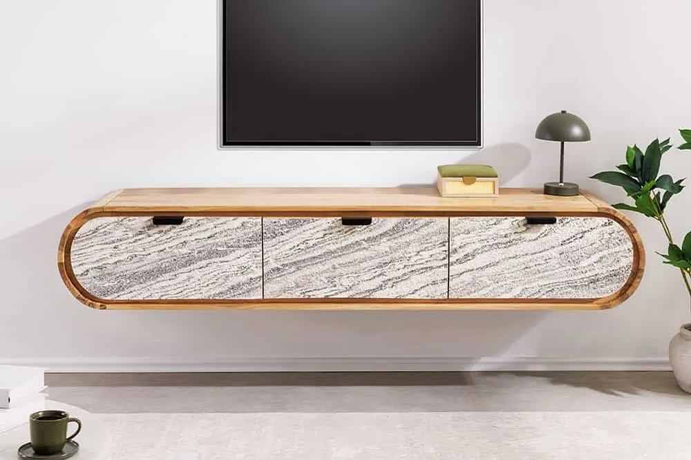 Designový závěsný TV stolek Callison 160 cm akácie / vzor kámen