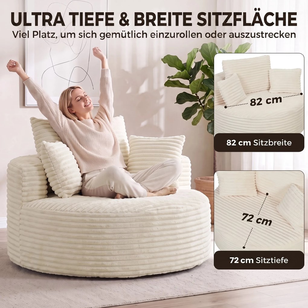HOMCOM Křeslo s hlubokým sedákem, jednosedací pohovka bez pevného rámu, design z plné pěny, 4 polštáře, krémově bílá