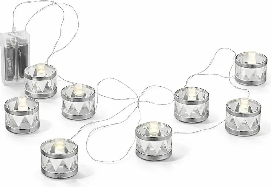 LED dekorační světelný řetěz na baterky 150 cm, stříbrné bubínky, teple bílá, 8 diod, interiér, 2× AA