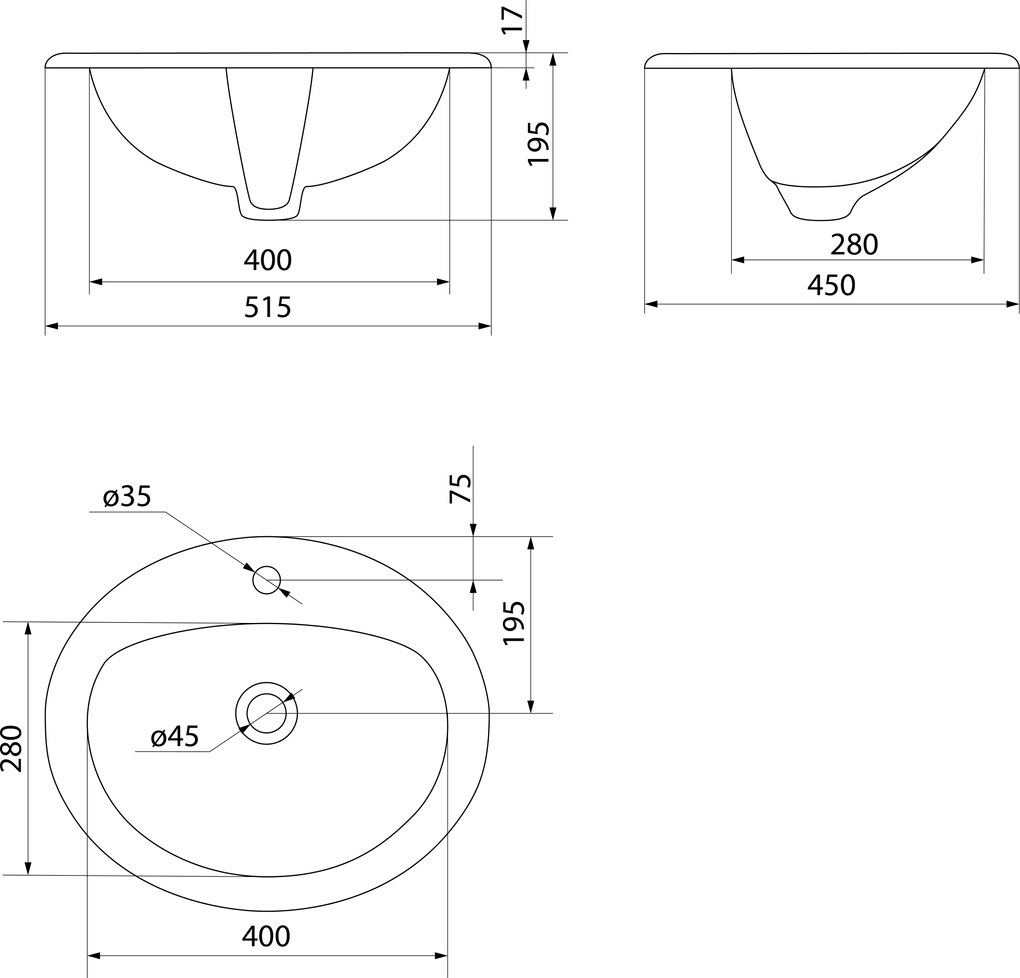 Aqualine Aqualine, Keramické umyvadlo zápustné 52x45cm, bílá, 55227