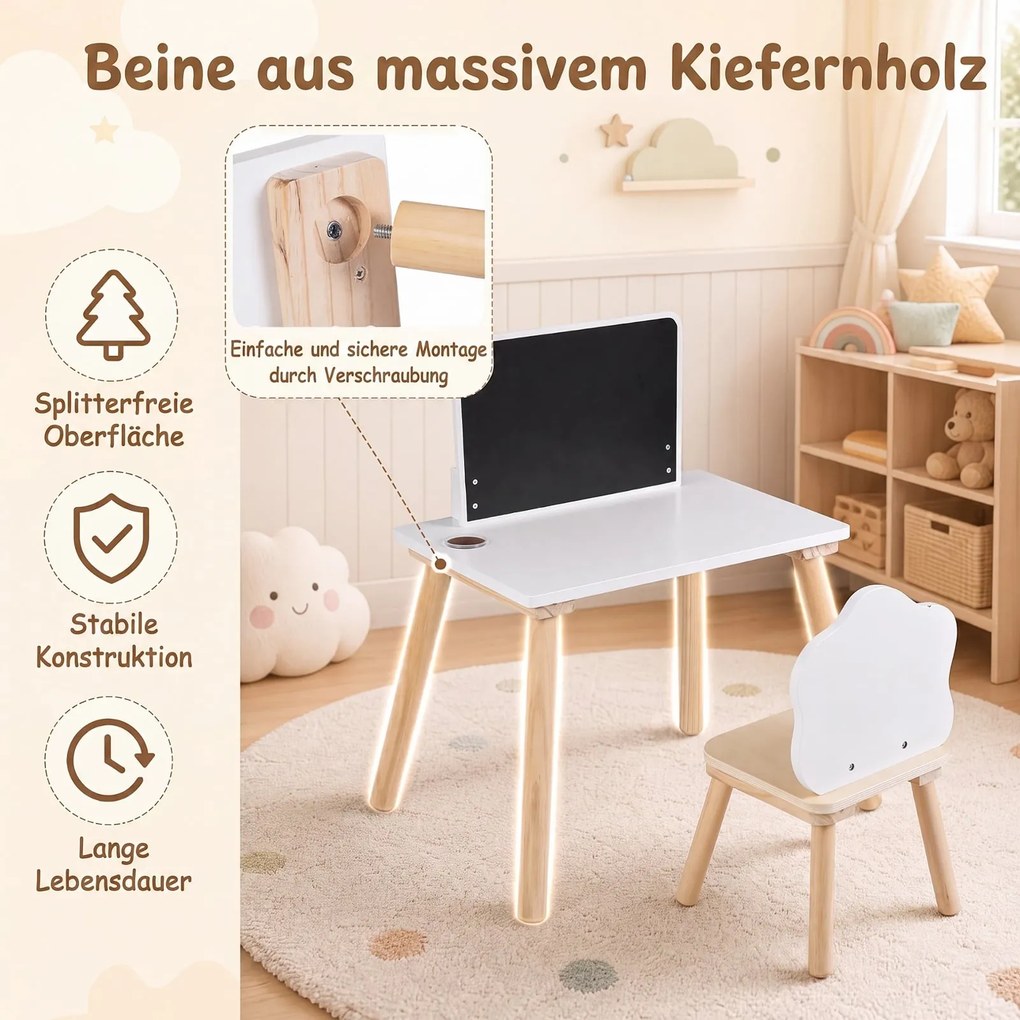 Costway Dětský stůl s židlí Dětský s tabulí pro děti od 3 let bílá +