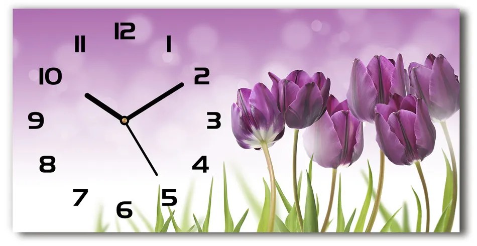 Wallmuralia Skleněné hodiny na stěnu Fialové tulipány 60x30 cm