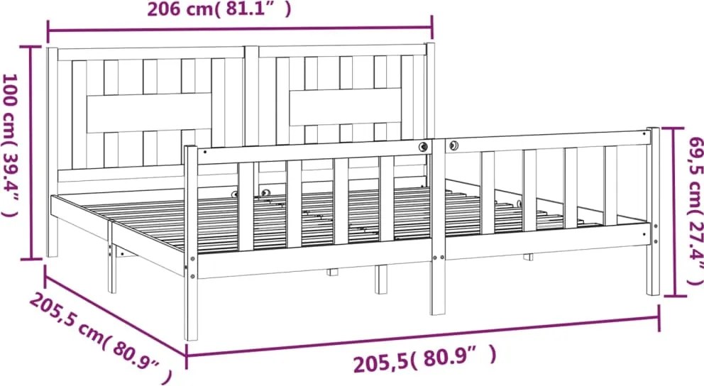 Rám postele s čelem černý masivní borové dřevo 200 x 200 cm 3188190