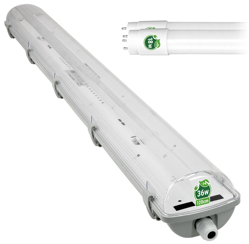 BERGE Hermetické svítidlo + 2x LED trubice - T8 - 120cm - 18W - teplá bílá - SADA