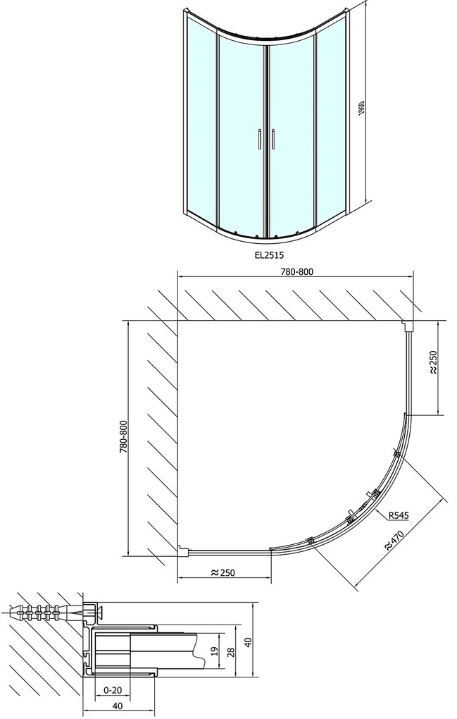 Polysan EASY LINE čtvrtkruhová sprchová zástěna 800x800mm, L/R, čiré sklo, EL2515